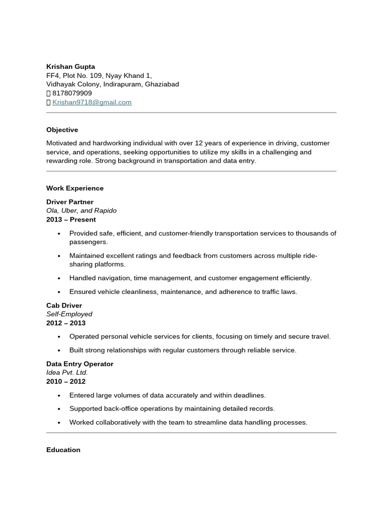 Ola Driver Resume of Krishan Gupta | PDF
