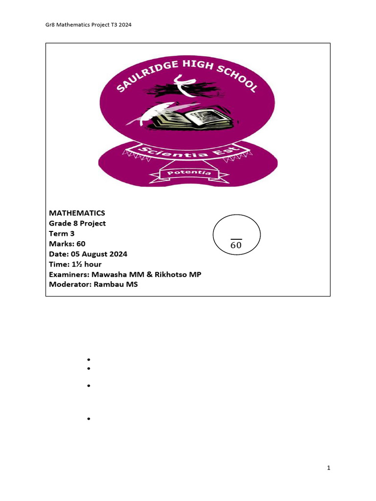 Gr.8 Math Project Term 3 2024 - (1) | PDF | Equations | Multiplication