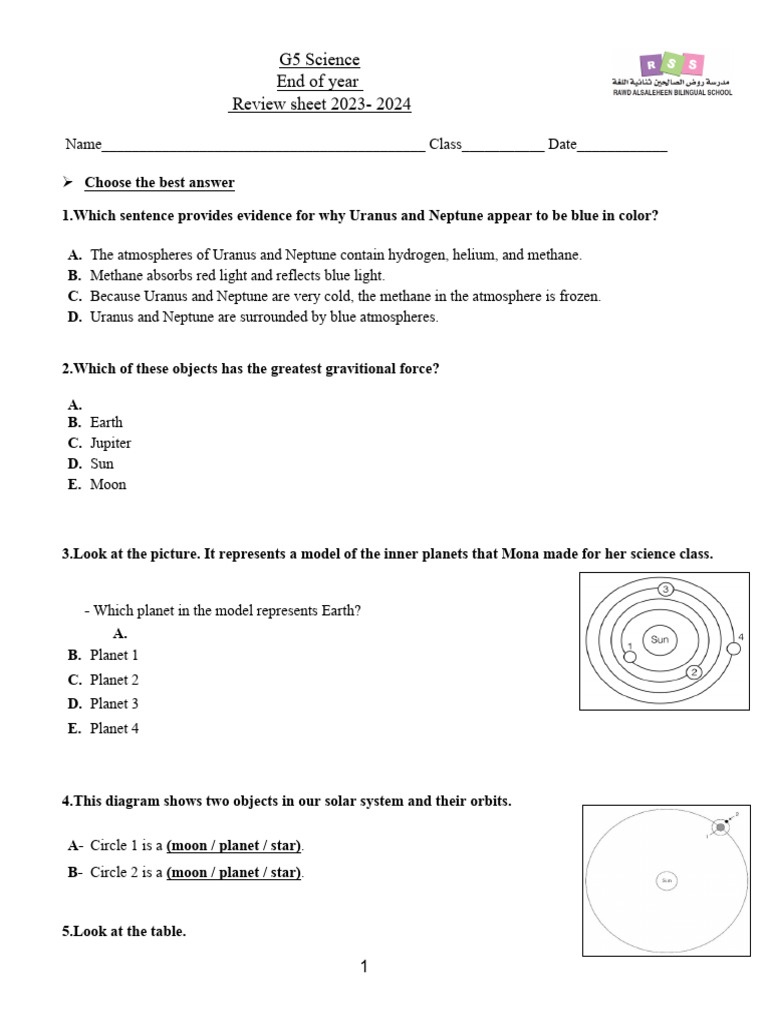 Grade 5 End of Year Review Sheet 2023-2024 | PDF | Planets | Neptune