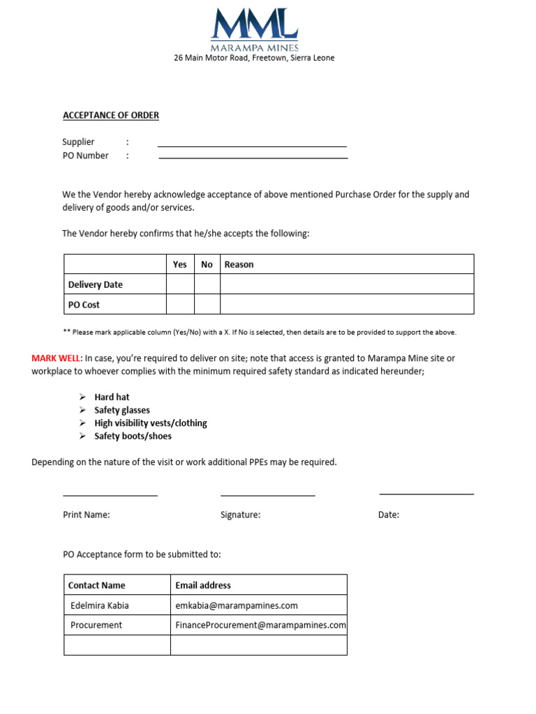 MML PO Acceptance Form | PDF
