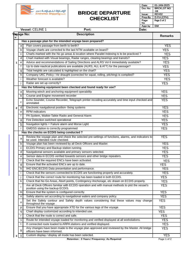 Bridge Departure Checklist for CELINE 1 | PDF | Shipping | Ships