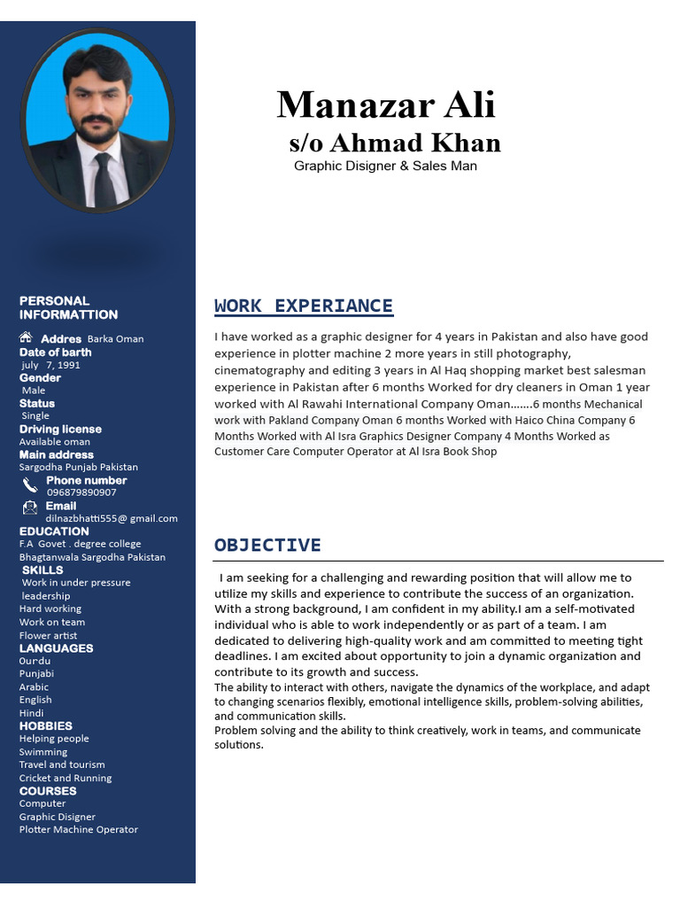 MANAZAR ALI Graphic Disigner & Sales Man CV | PDF | Pakistan | Cognition
