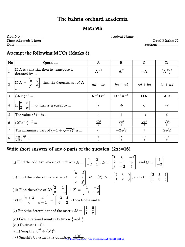 9th Grade Math MCQ & Short Answer Test | PDF | Matrix (Mathematics ...