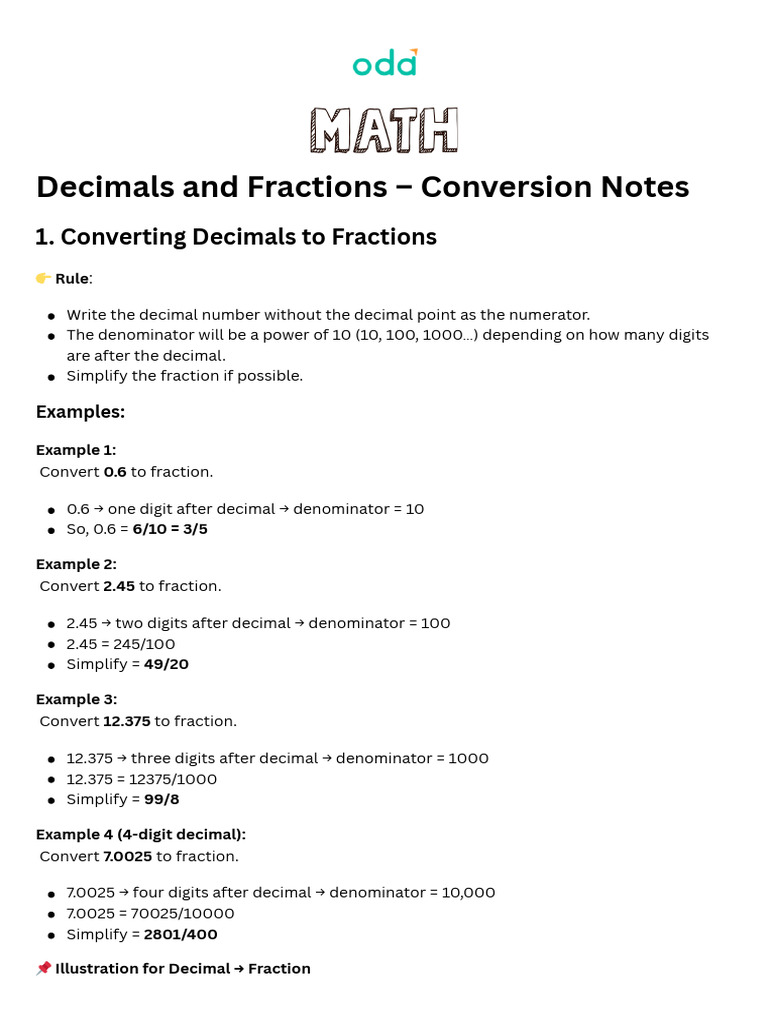 Notes of Decimals To Fraction and Fraction To Decimals | PDF | Decimal ...