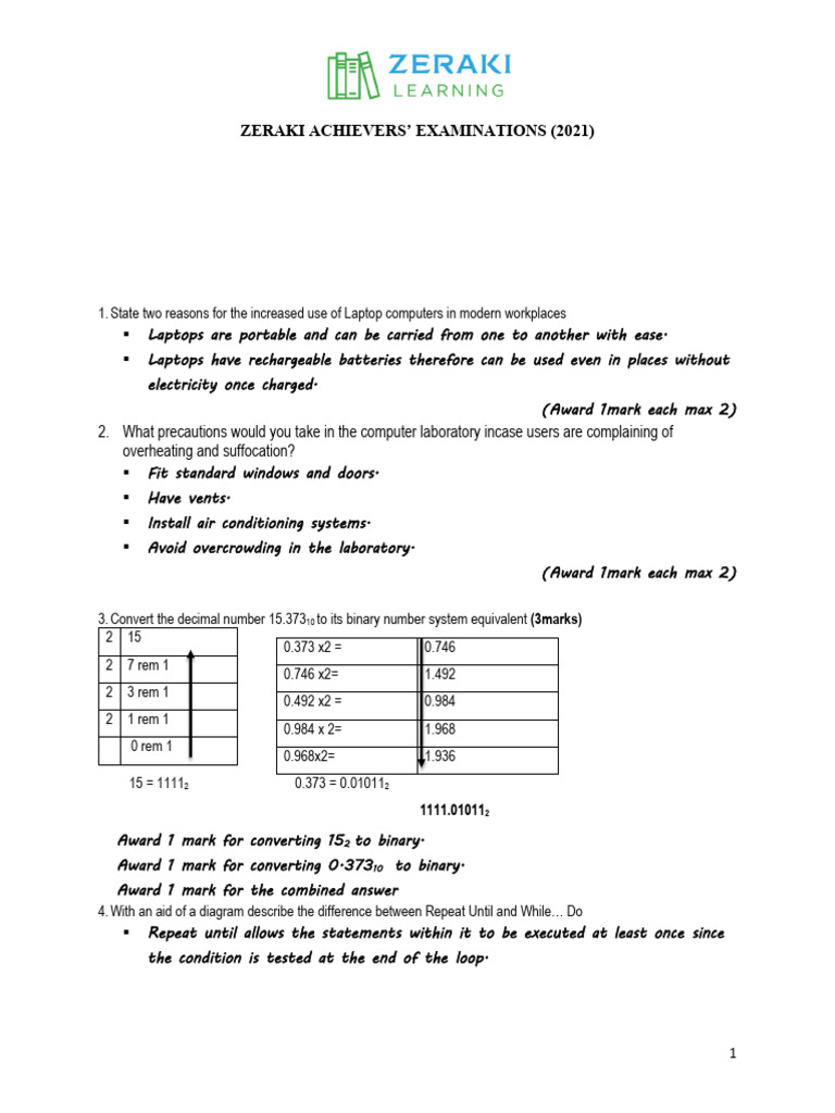 Computer Studies Form 3 Paper 1 - Zeraki Achievers 3.0 - Question Paper ...