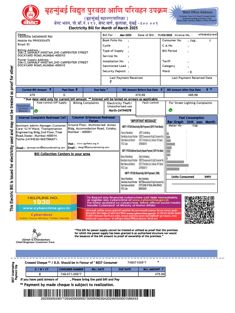 March 2025 Electricity Bill Details | PDF | Cheque | Taxes