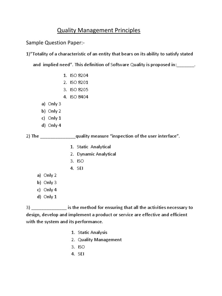 Quality Management Principles Quiz | PDF | Software Quality | Quality ...