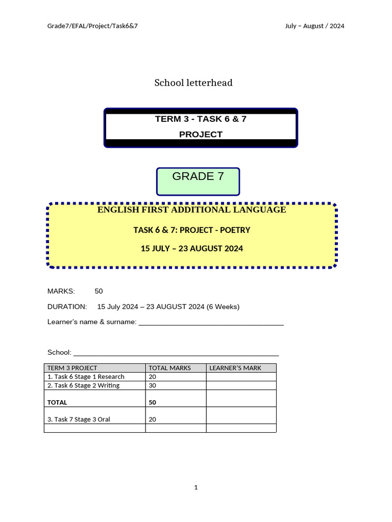 2024 EFAL Grade 7 Task 6 & 7 Project | PDF | Poetry | Body Language