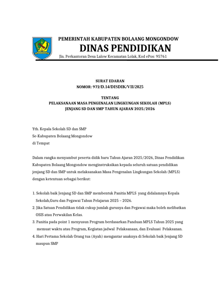 Panduan MPLS SD SMP 2025 Bolaang Mongondow | PDF