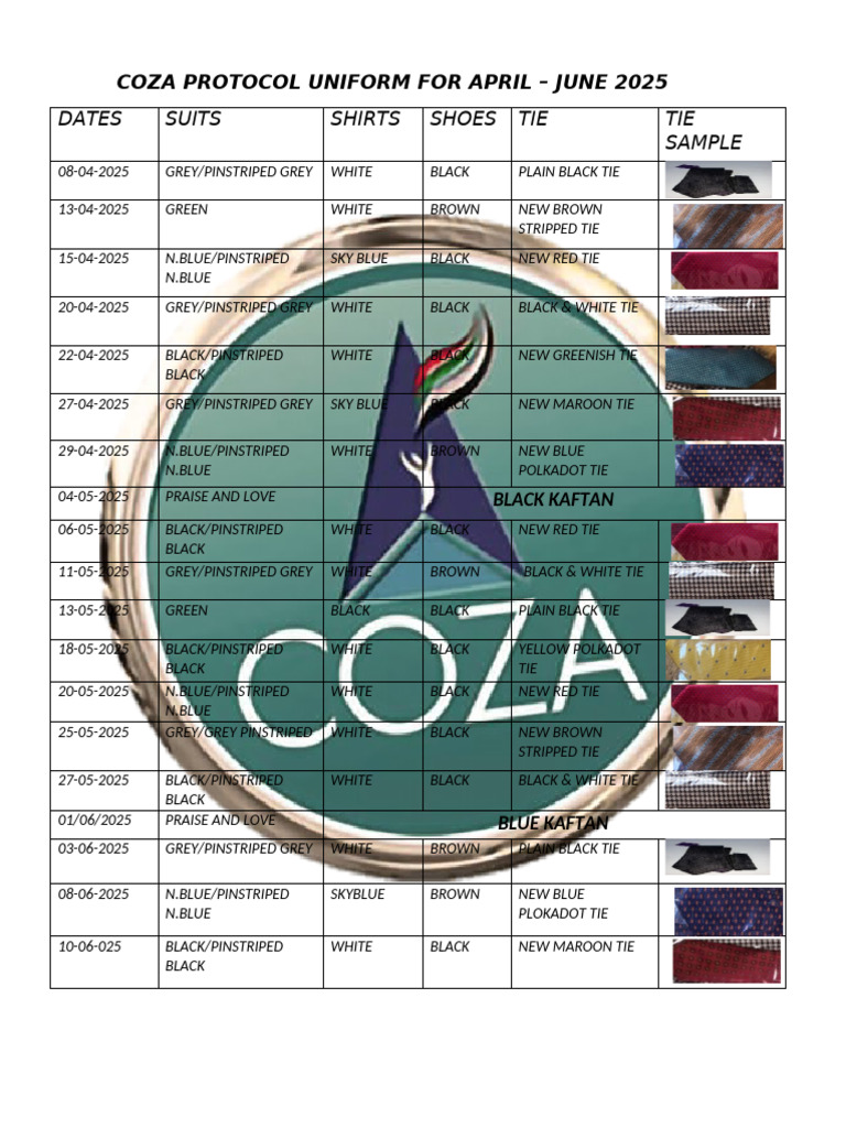 COZA Protocol Uniform Schedule 2025 | PDF | Black | Grey