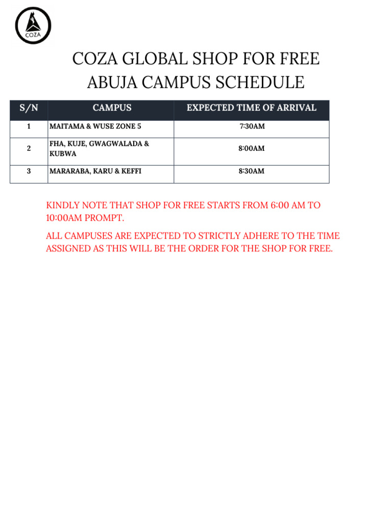 Coza Global Shop Free Schedule | PDF