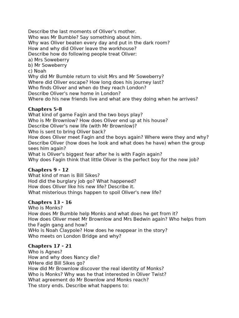 Pitanja Za Lektiru Oliver Tvisz | PDF