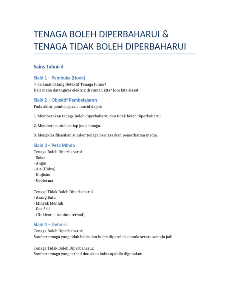 Tenaga Boleh Diperbaharui SainsTahun4 | PDF