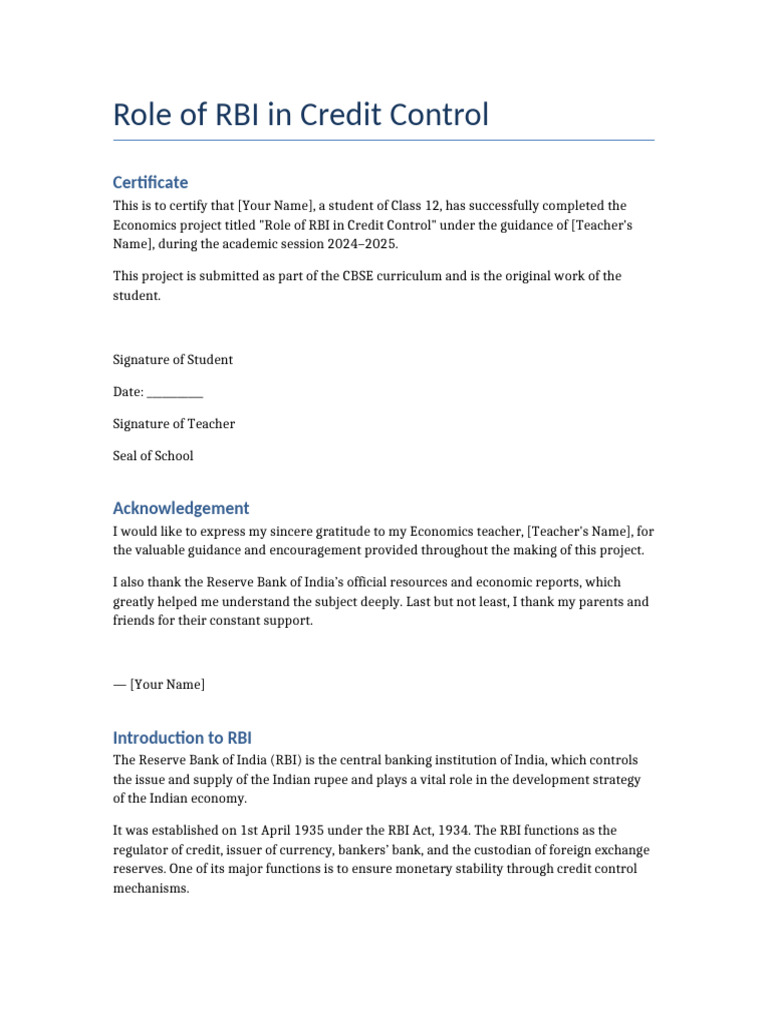 RBI's Role in Credit Control: Class 12 Project | PDF | Reserve Bank Of ...