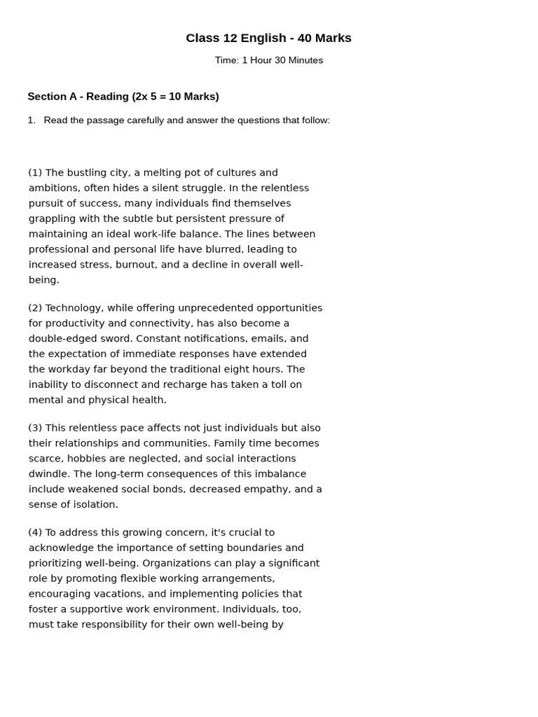 Class 12 English Exam Paper Overview | PDF | Behavioural Sciences ...