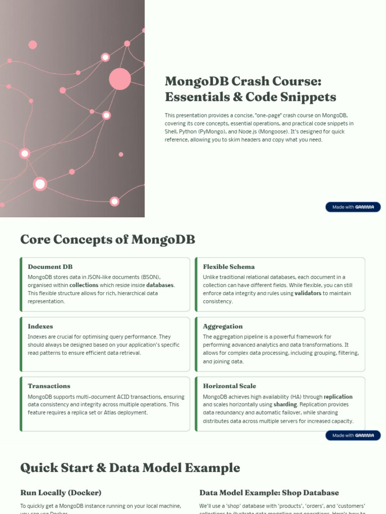 MongoDB Crash Course Essentials and Code Snippets | PDF | Mongo Db | Replication (Computing)