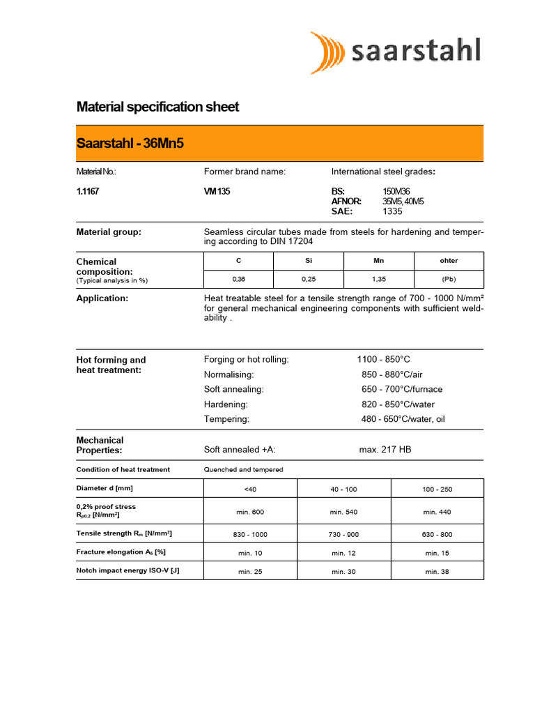 36Mn5 Material Specification Sheet | PDF