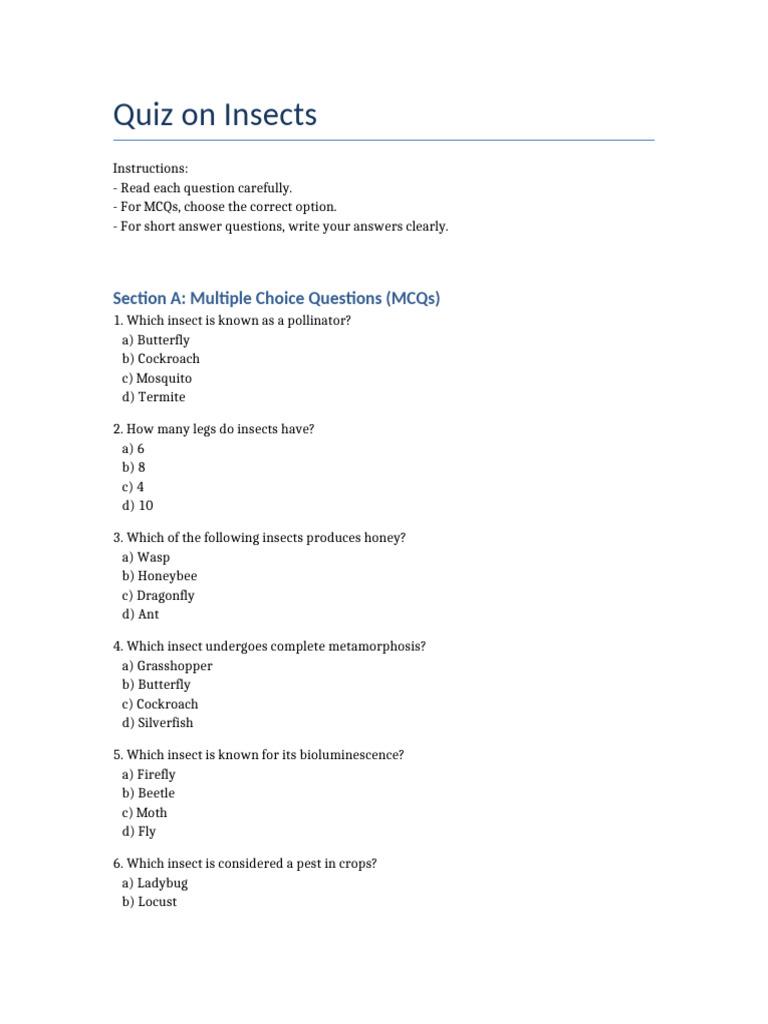 Insect Quiz for Kids: MCQs & Answers | PDF