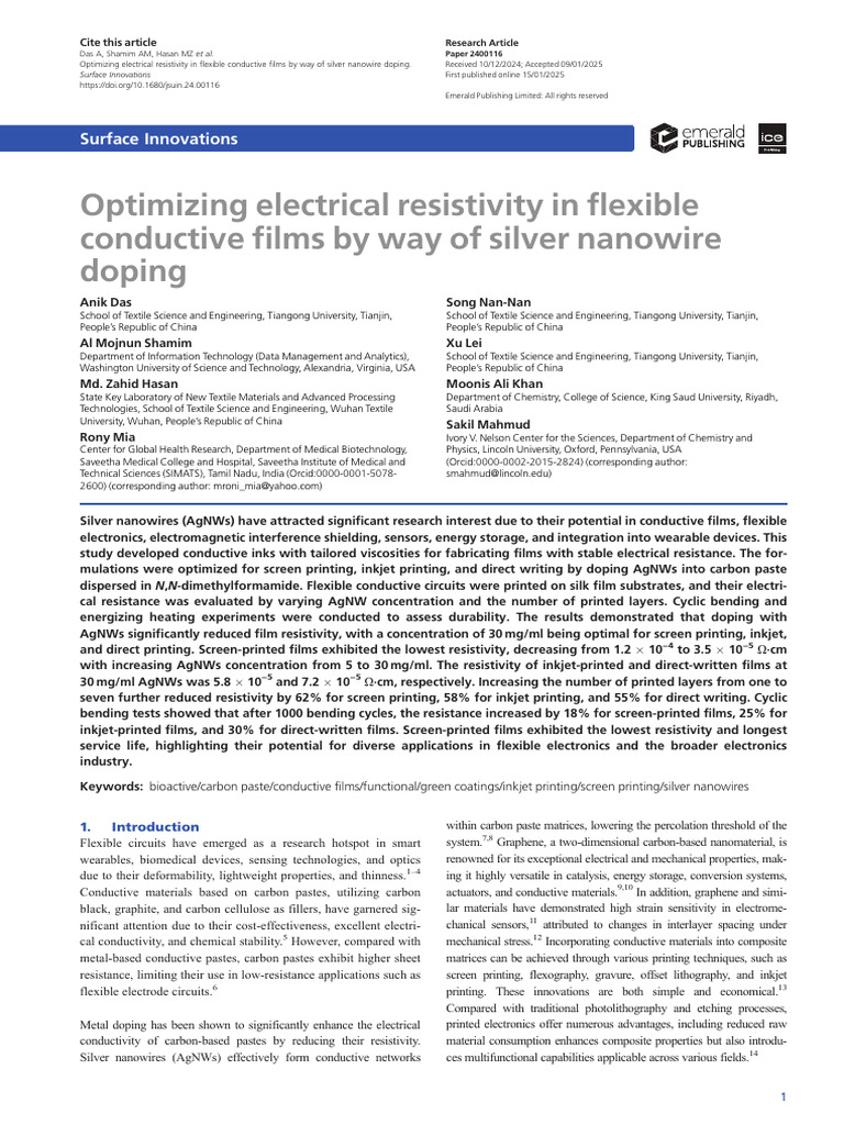 Optimizing Conductive Films with AgNWs | PDF | Electrical Resistivity And Conductivity | Nanowire