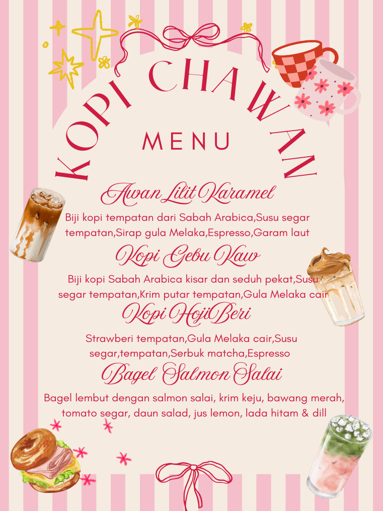 Pink and Cream Coquette Retro Cocktail Menu A4 | PDF