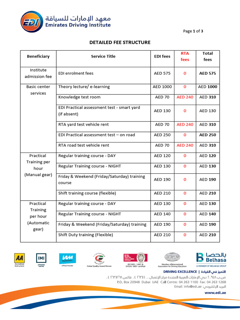 Emirates Driving Institute Fee Structure | PDF | Driver's License ...
