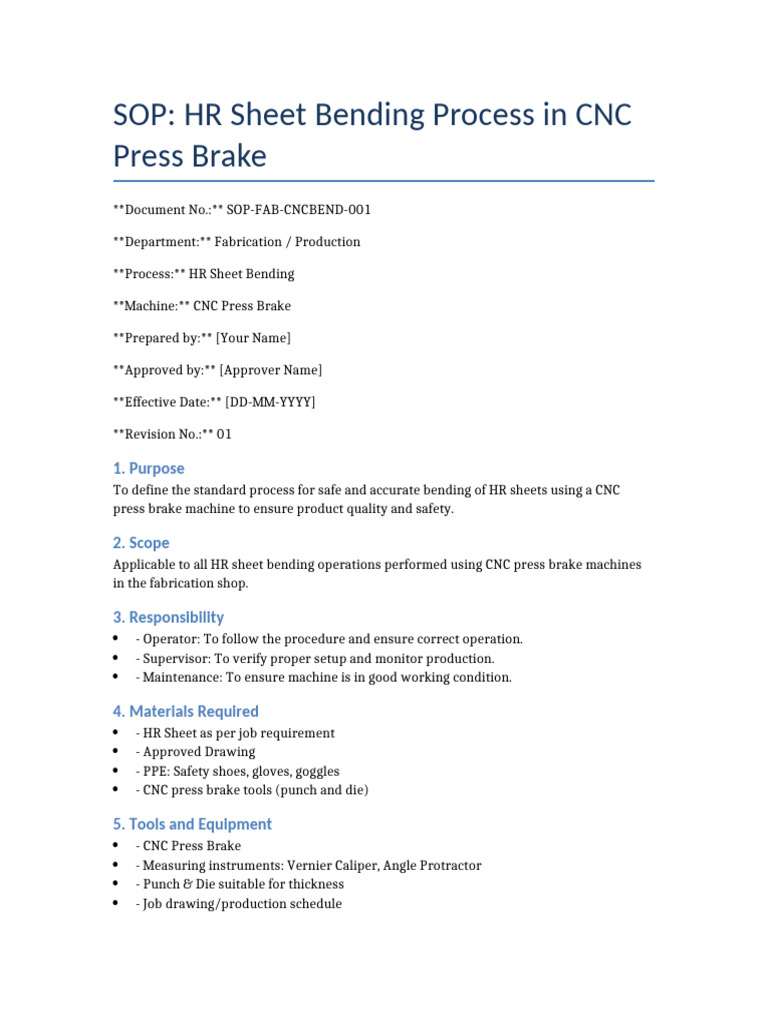 SOP HR Sheet Bending CNC | PDF | Brake | Mechanical Engineering