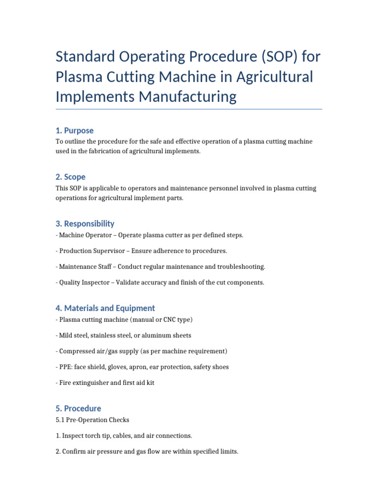 SOP Plasma Cutting Agricultural Implements | PDF | Industrial Processes ...