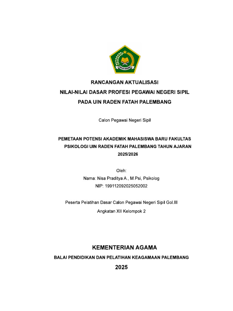 Cover Depan Aktualisasi CPNS Kemenag UIN Rafah | PDF