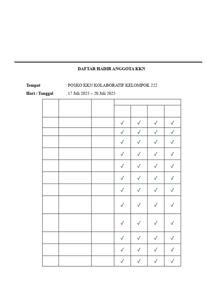 Daftar Hadir Anggota KKN Minggu 1 | PDF