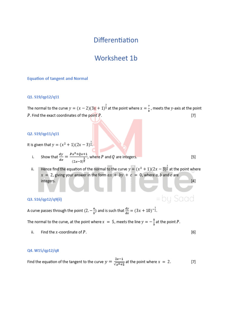 Tangent and Normal Equations Worksheet | PDF | Tangent | Differential ...