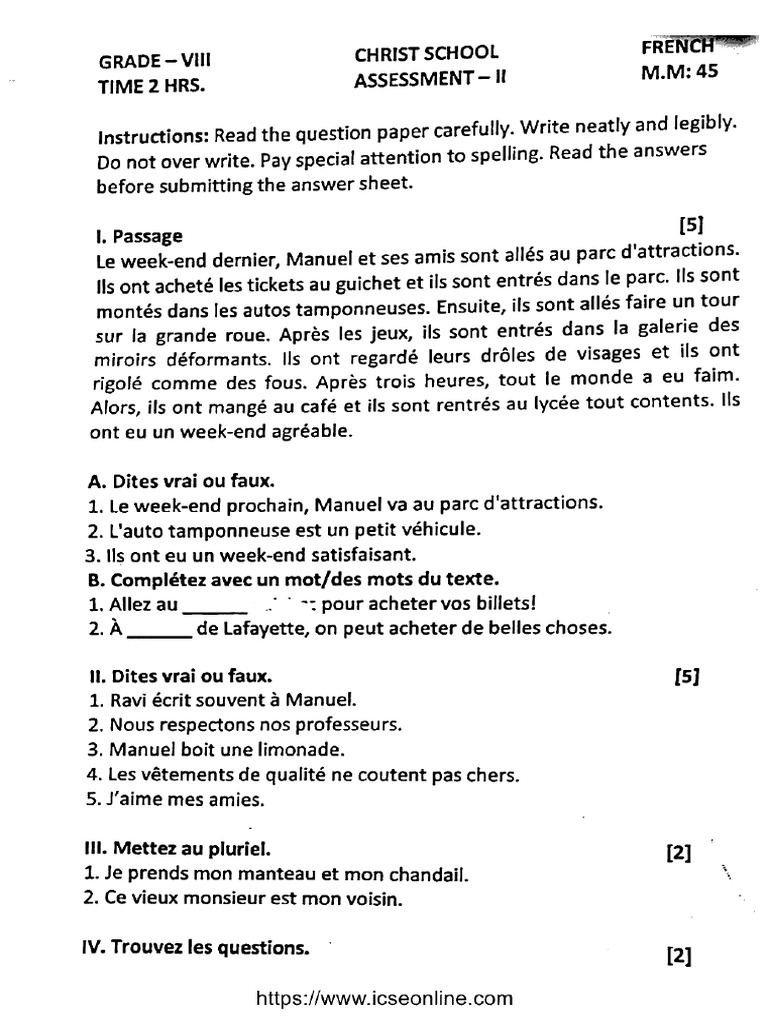 Icse Class 8 Assessment 2 French 150323 2023 | PDF