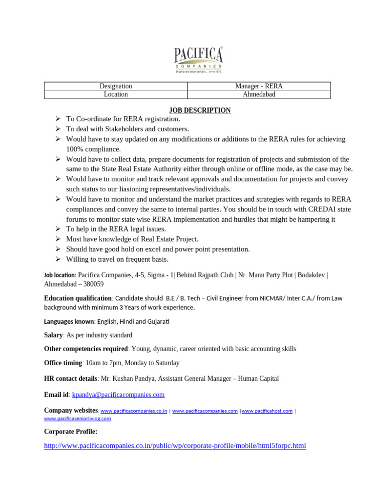 Job Description - Manager - Rera | PDF