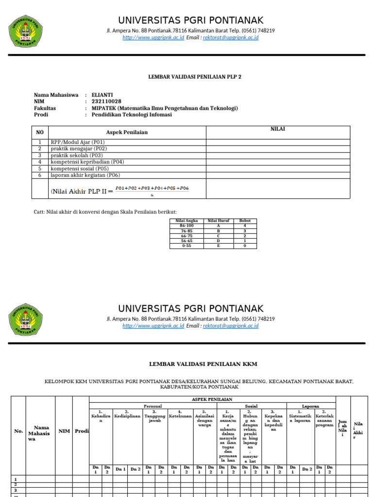 Penilaian PLP 2 Mahasiswa UPGRI Pontianak | PDF