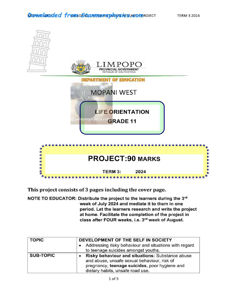 LP MW Life Orientation Grade 11 PROJECT Term 3 2024 and Memo | PDF