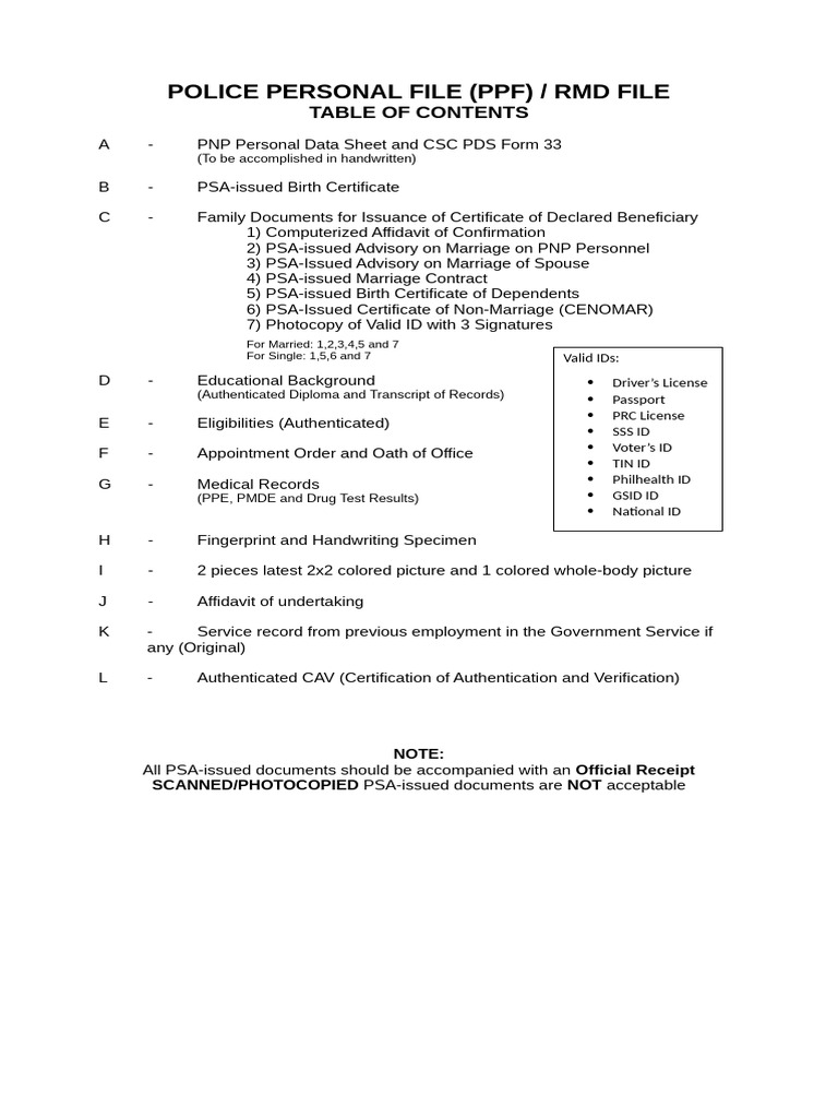Police Personal File Requirements Guide | PDF