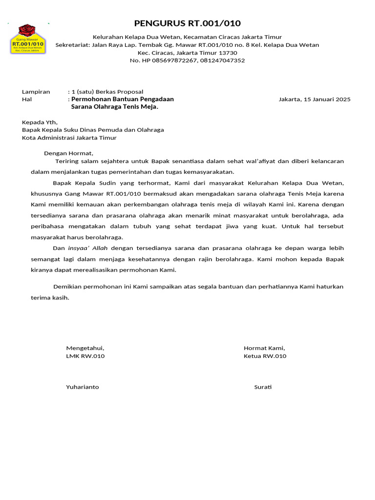 Permohonan Sarana Olahraga Tenis Meja | PDF