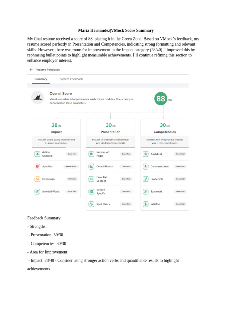 VMock Resume Score Analysis: 88/100 | PDF
