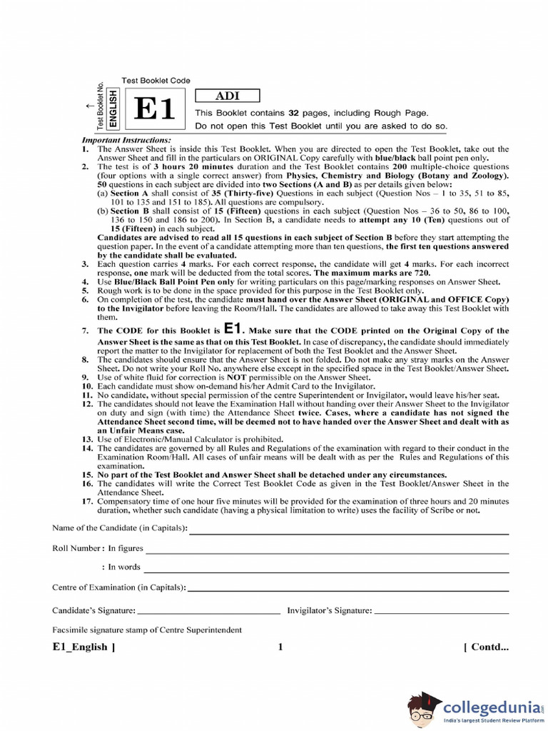 NEET 2023 Question Paper Code E1 | PDF