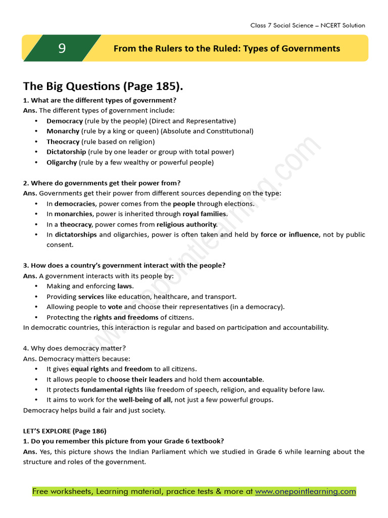 NCERT Solution Class 7 Social Science Chapter 9 From The Rulers To The Ruled Types of ...