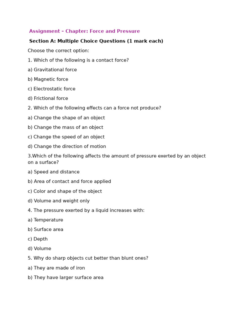 Force and Pressure: MCQs and Answers | PDF