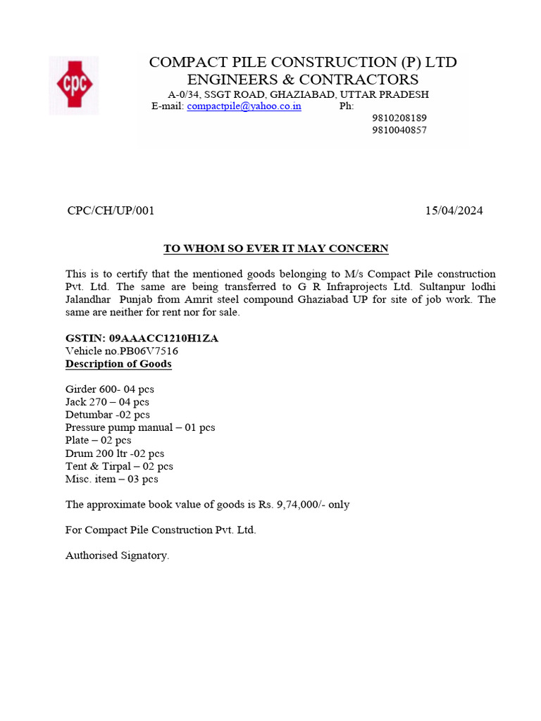 Goods Transfer Certificate for Construction | PDF