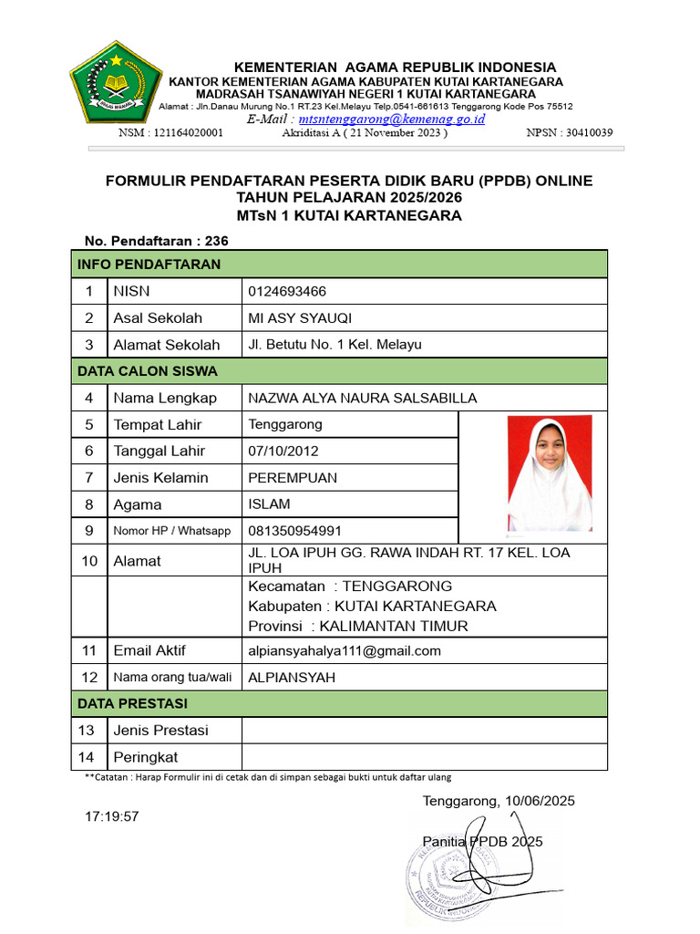 Bukti Pendaftaran Nazwa Alya Naura Salsabilla | PDF