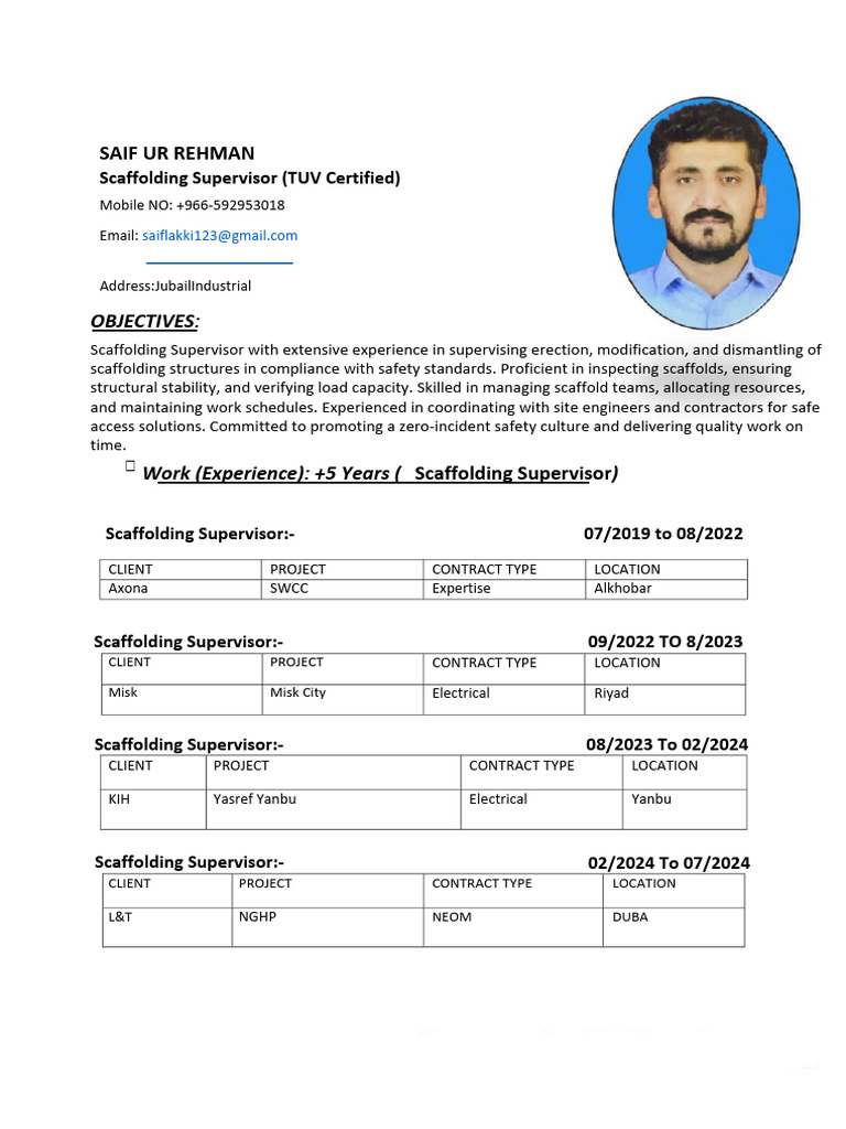Scaffolding Supervisor Resume Overview | PDF | Occupational Safety And ...