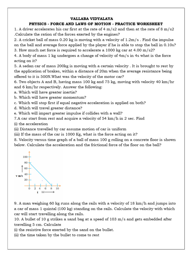 Force and Laws of Motion Practice Worksheet | PDF