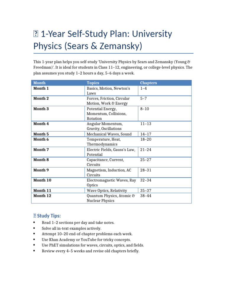 University Physics 1-Year Study Plan | PDF
