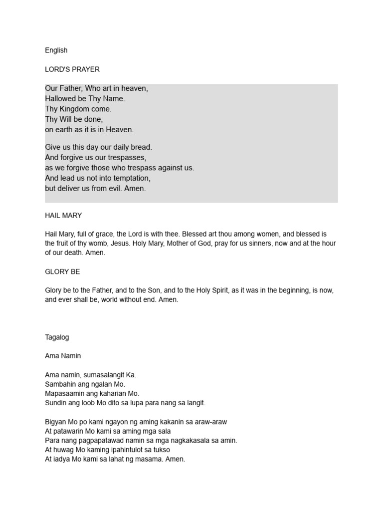BASIC PRAYERS English Tagalog Ilocano | PDF
