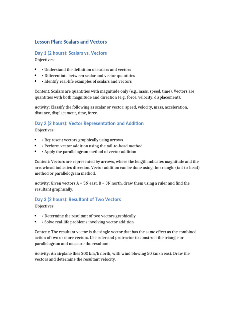 Scalars and Vectors Lesson Plan | PDF