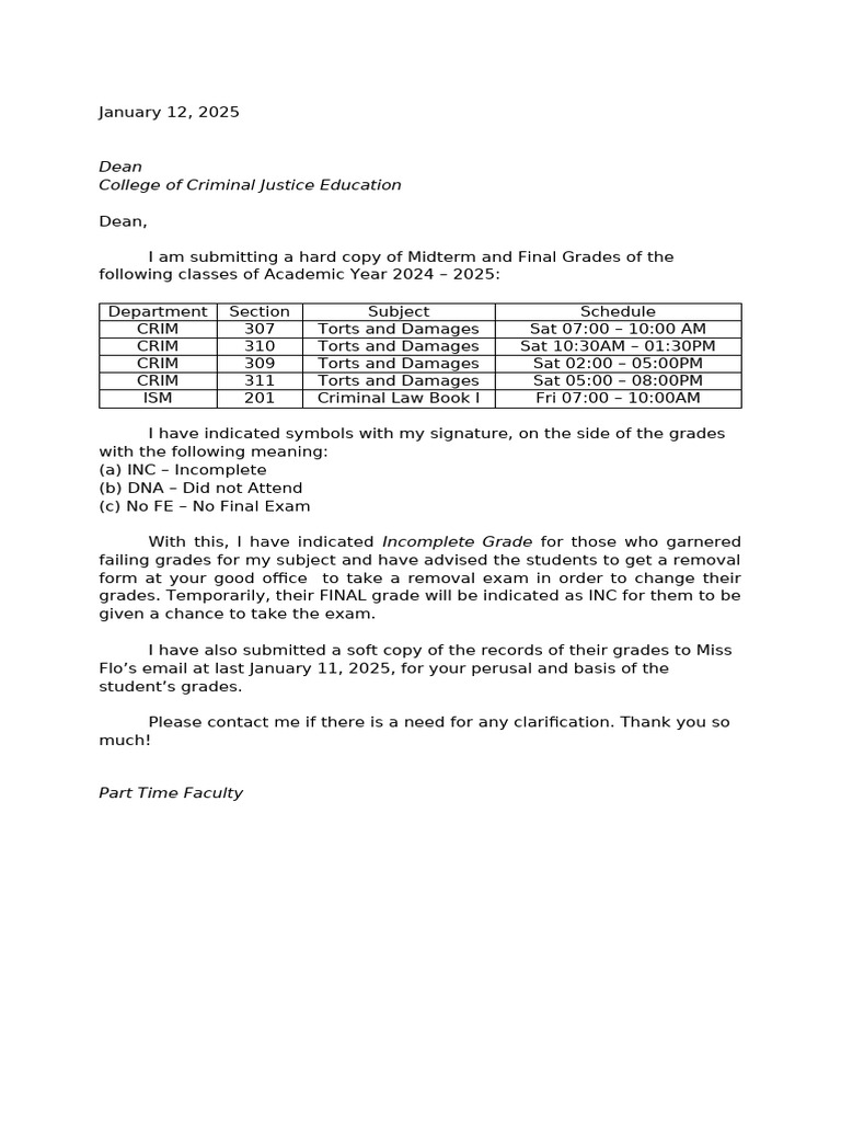 Letter To Dean Re-Grades Blank | PDF
