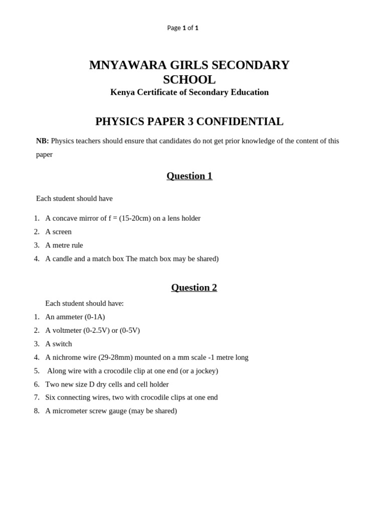 KCSE Physics Paper 3 Equipment List | PDF