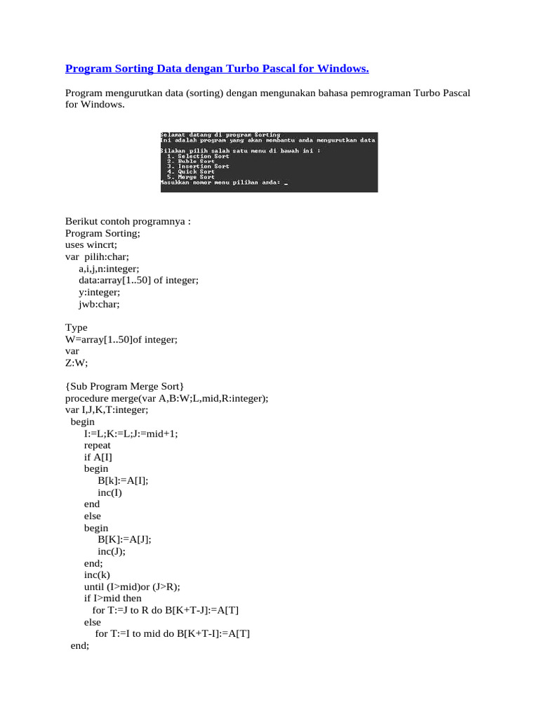 Program Sorting Data Dengan Turbo Pascal For Windows | PDF